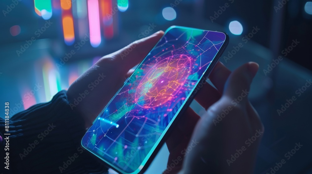 A hand holding a smartphone displaying a radar chart, visualizing data ...