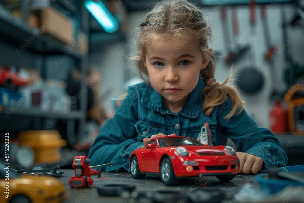 Cute little girl playing with a small realistic car model. Focused ...