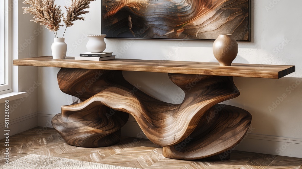 A large wooden console table with an organic shape, inspired in the ...