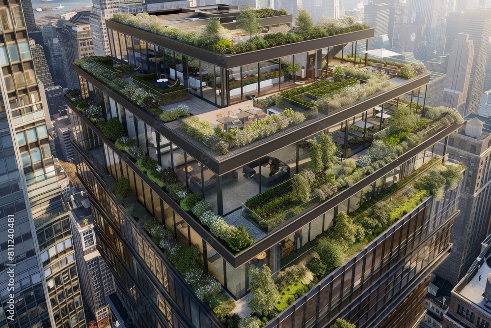 Foto de Stock A high-rise office building featuring a lush array of ...