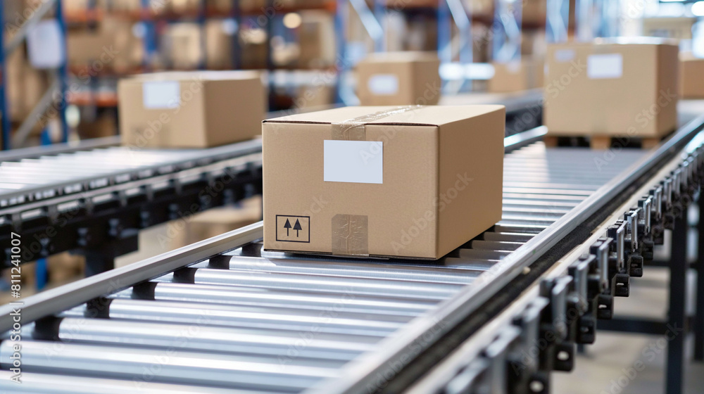 Packed cartons arrive on conveyor belt , smoothly gliding along the ...