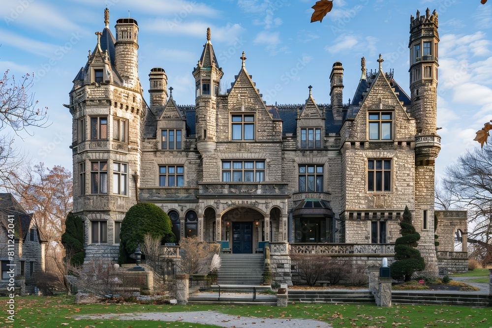 Foto de Stock A large castle-like building with turrets and many ...