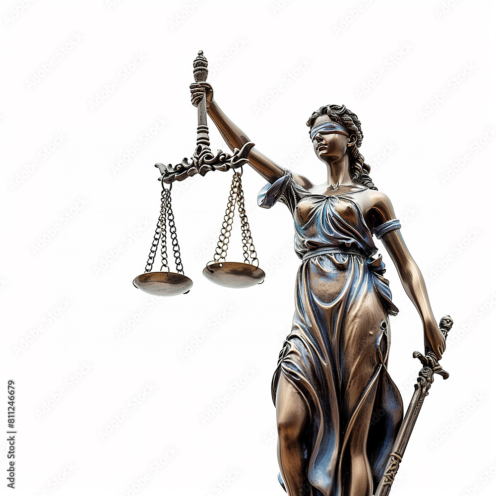 Statue of Lady Justice isolated on white, low angle view. Symbol of ...