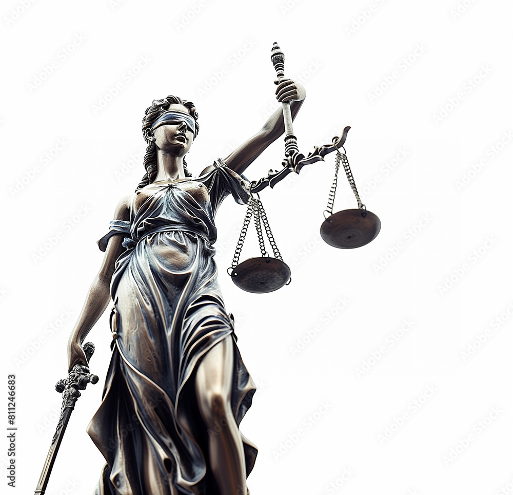 Statue of Lady Justice isolated on white, low angle view. Symbol of fair treatment under law ...