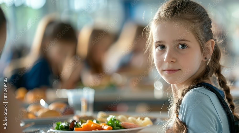 Cute ten years old girl sitting at the table in school cafeteria. Young ...