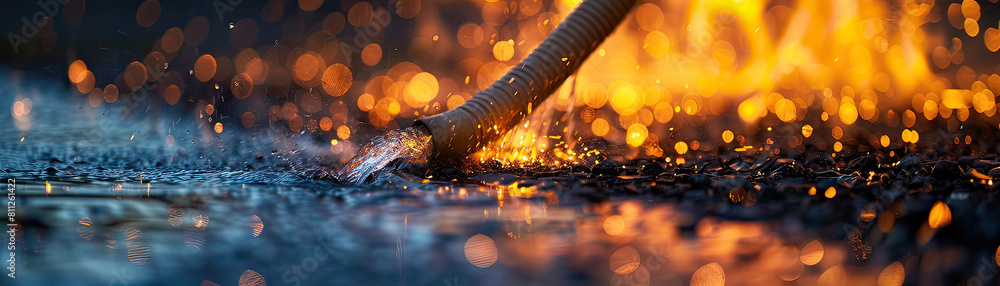 Dynamic image of a water hose spraying water to extinguish sparks and ...