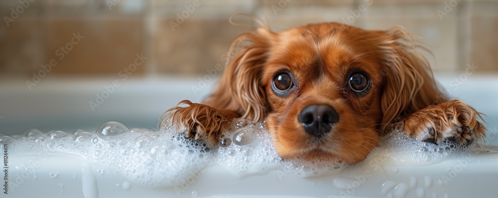 Cavalier King Charles Spaniel looking serene in a bubble bath ...