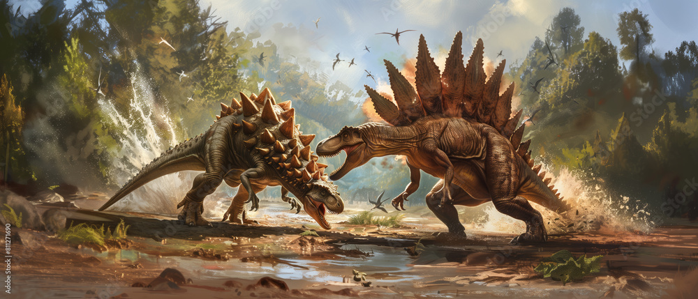 a stegosaurus defending its territory against a fearsome allosaurus ...