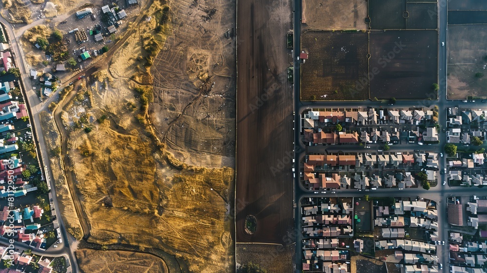 An overhead photo of a country border with poverty on one side the ...