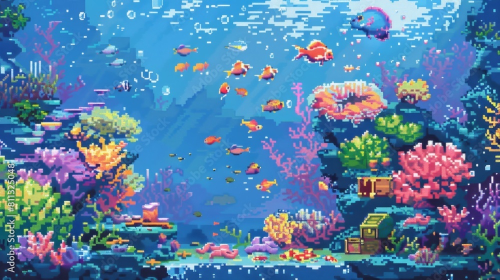 Beautiful pixel art depiction of an underwater coral reef scene ...