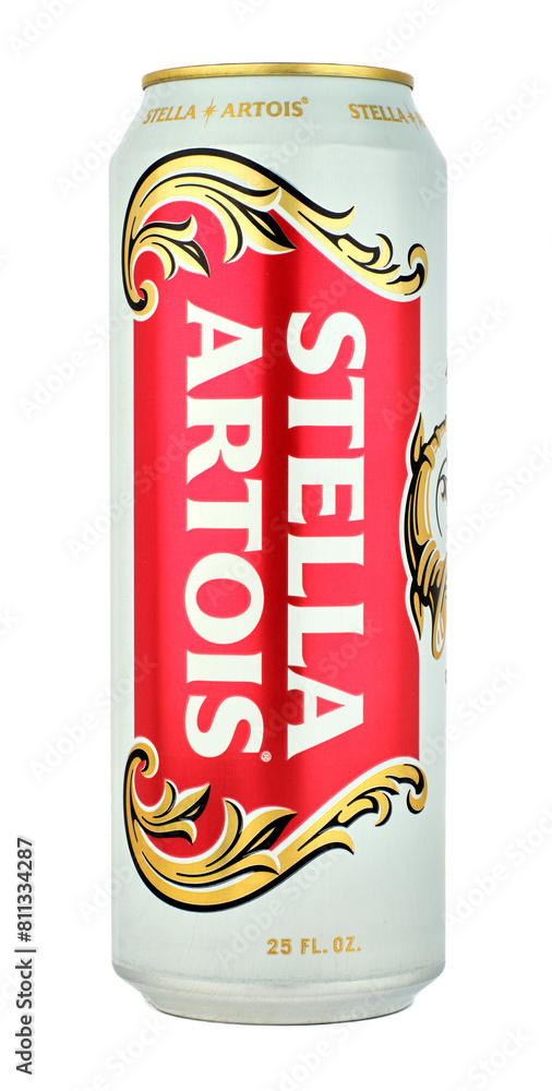 Stella Artois lager beer, aluminum can. 25 fl oz. New logo and ...