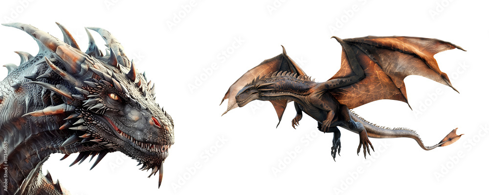 Flying dragon in close up and full body set, Isolated on Transparent ...