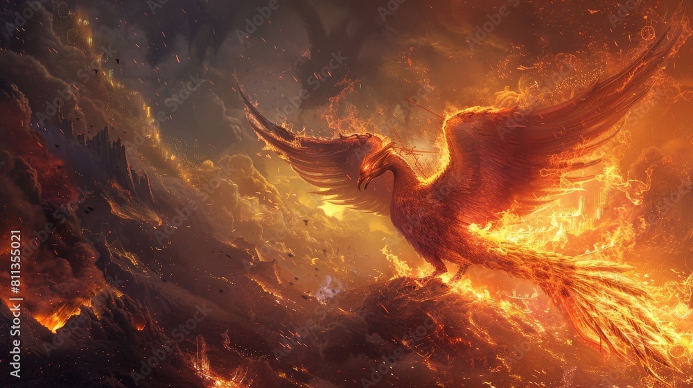 A phoenix, a mythical fiery bird, rises from the ashes against a fiery ...