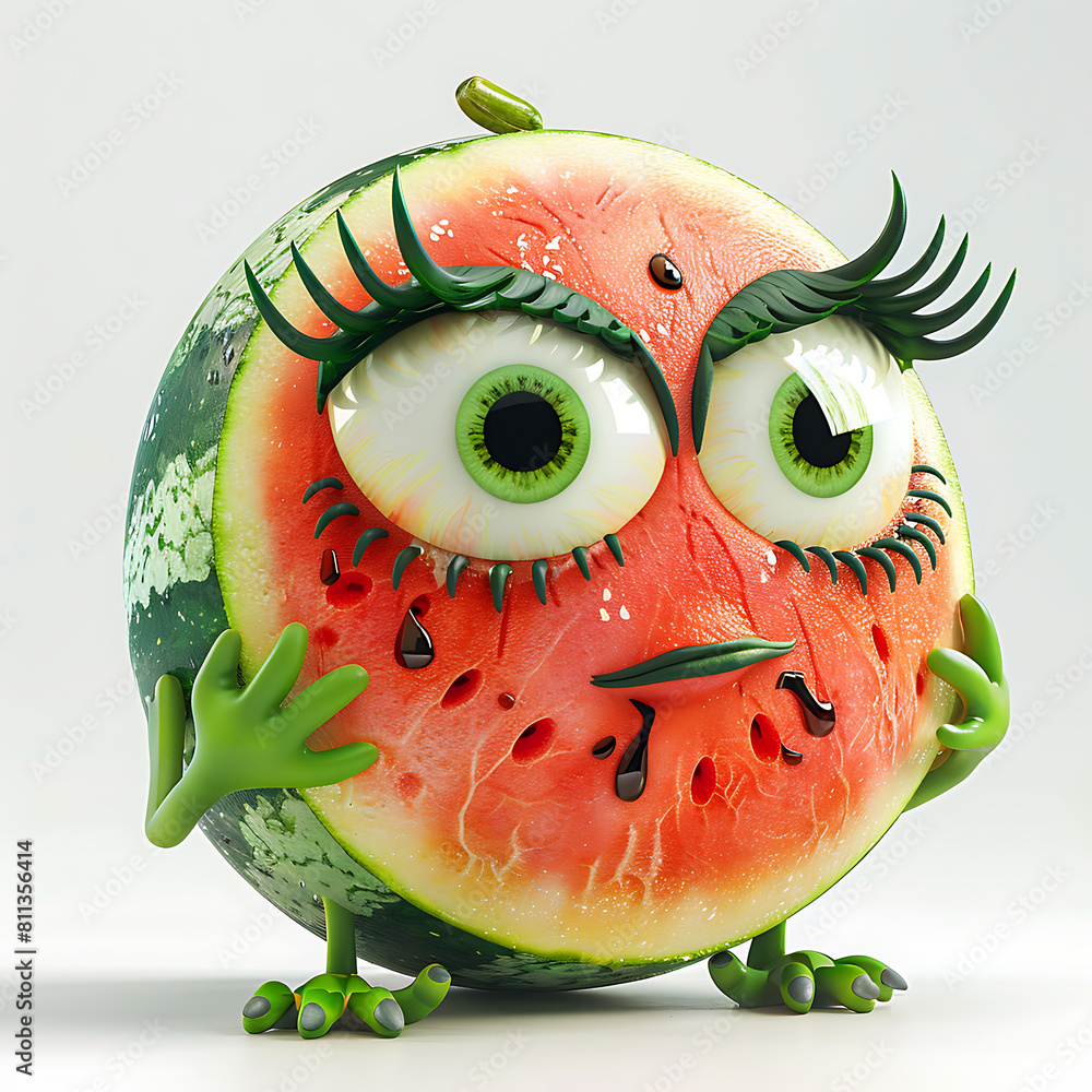 Funny cute watermelon with hands and eyes, 3d illustration on a white ...