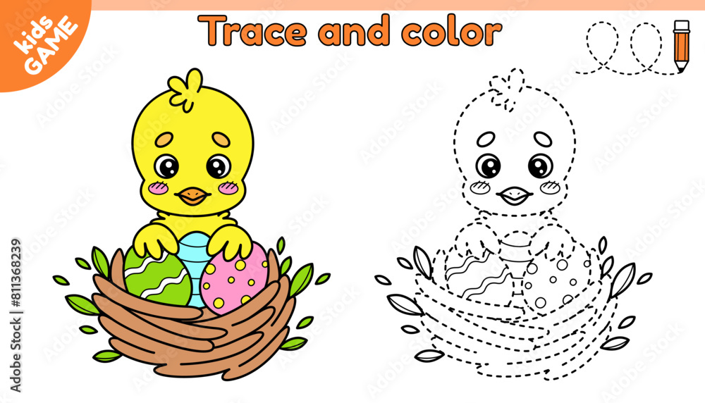 Kids educational Easter game Tracing lines. Cartoon chick in a nest ...