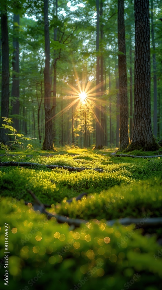 quiet nature landscape narrow nature trail in green forest with sunlit ...
