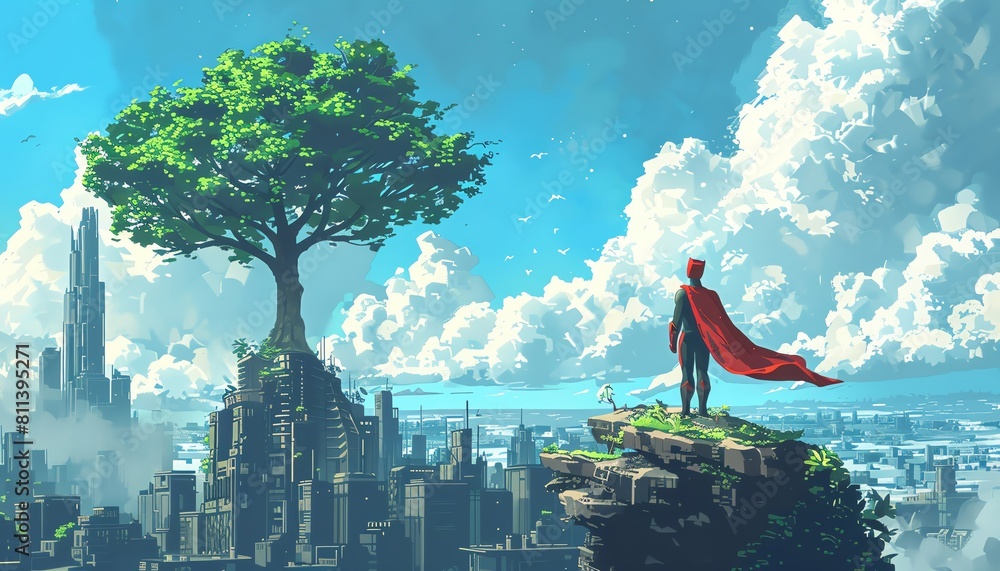 Illustrate a superhero planting trees in an urban setting from a ground ...