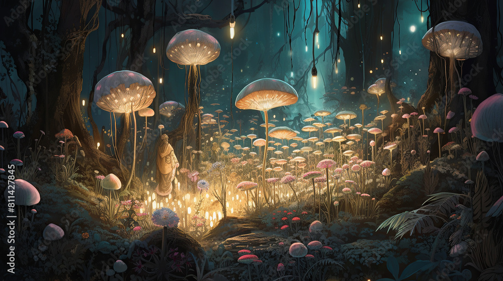 Foto de Stock A bewitching anime style illustration of a hidden forest ...