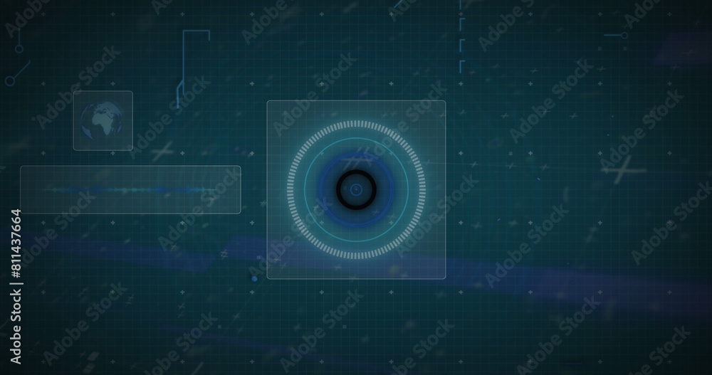 Image of qr code in circular tunnel, globe, circuit board pattern against abstract background ...
