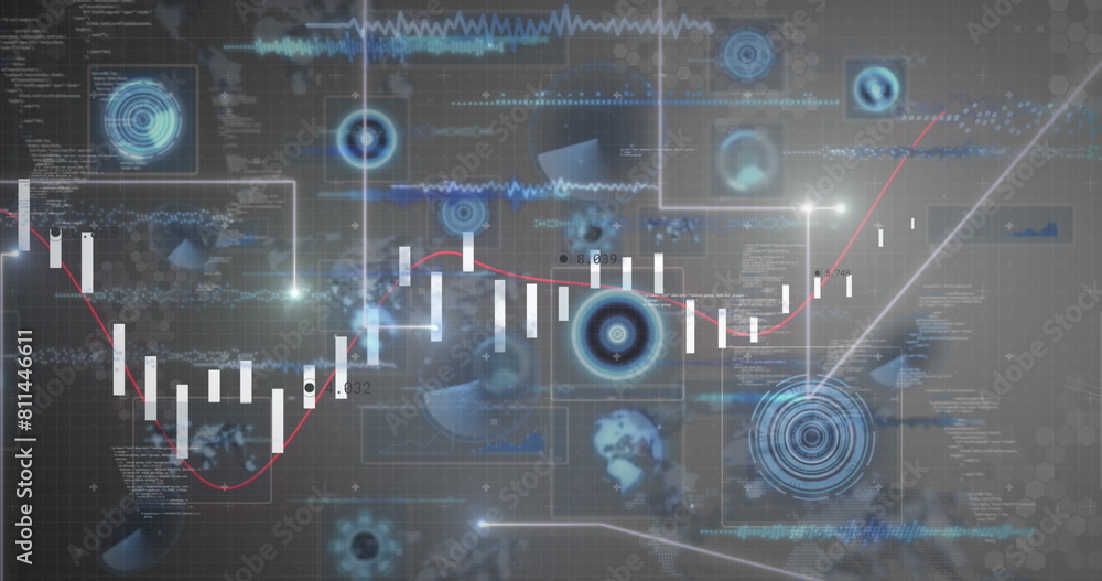 Image of falling dots forming lines, programming language and graphs over infographic interface ...