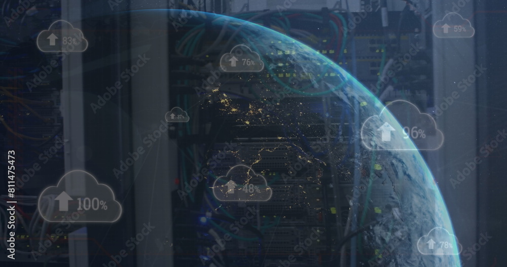 Image of arrow and changing numbers in clouds over globe against back panel of server racks ...