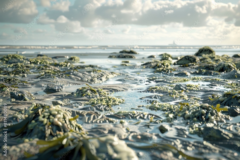 Low tide at a sandy beach exposing seaweed and rock pools under a ...