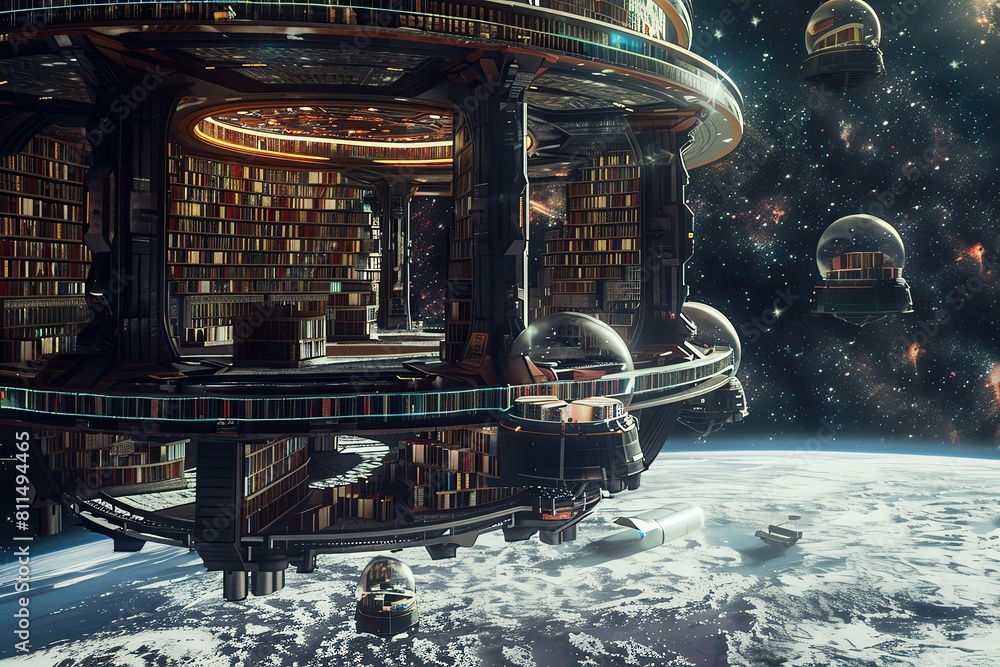Concept of a floating futuristic library in space, where books orbit ...