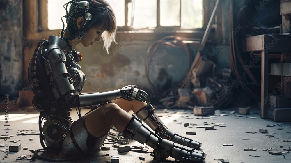 dystopian, a robot or a woman half a robot with mechanical ...