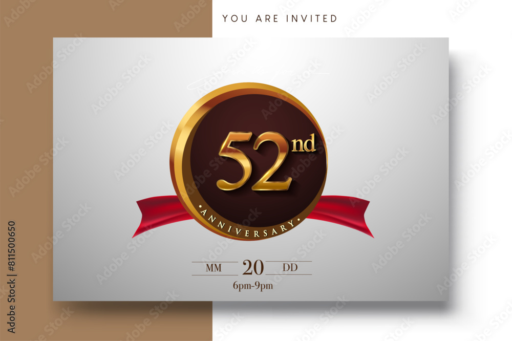 52nd Anniversary Logo With Golden Ring And Red Ribbon Isolated on ...