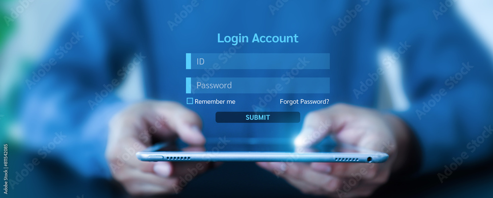 Hand touching login username and password icon for safety internet security access or user sign ...