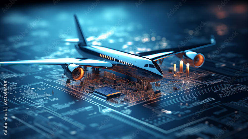 Aviation technology with graphic of microchip and an airplane ...