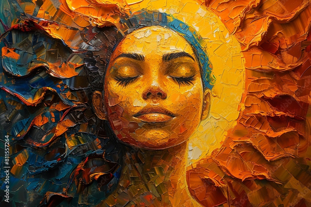 Charming sun goddess portrayed in abstract oil, bright color tones ...