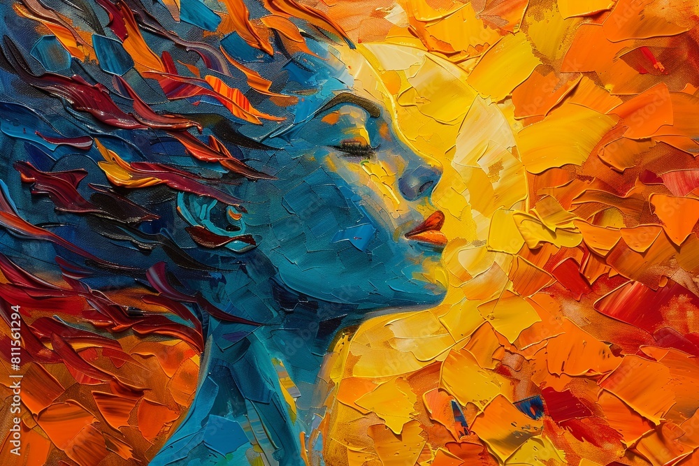 Charming sun goddess portrayed in abstract oil, bright color tones ...