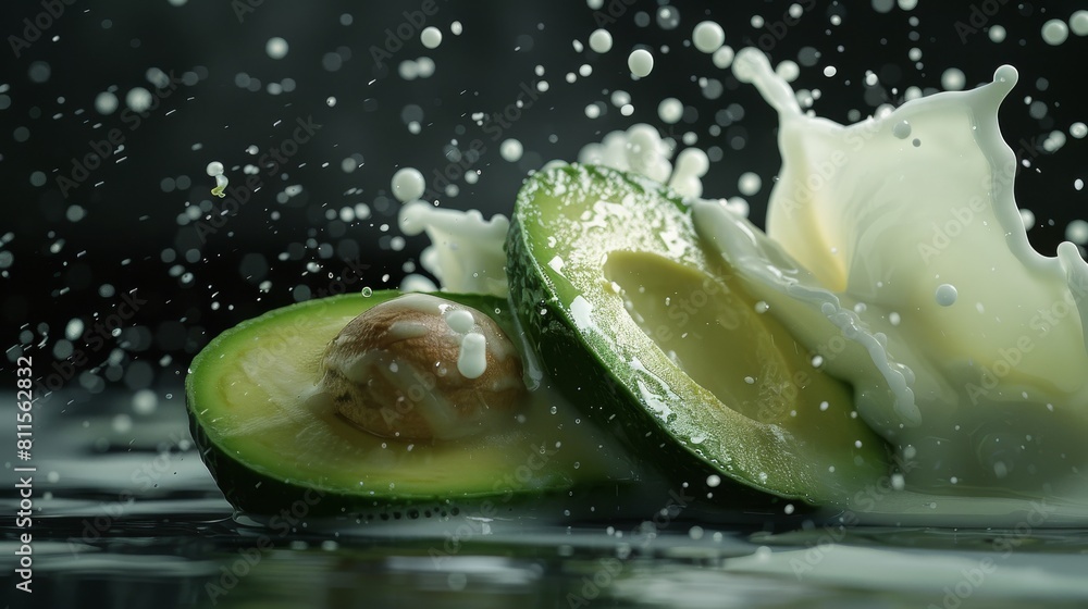 Detailed slow motion footage of avocado slices splashing into milk ...