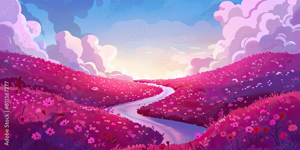 Cartoon style winding path, leading line pathway through beautiful ...