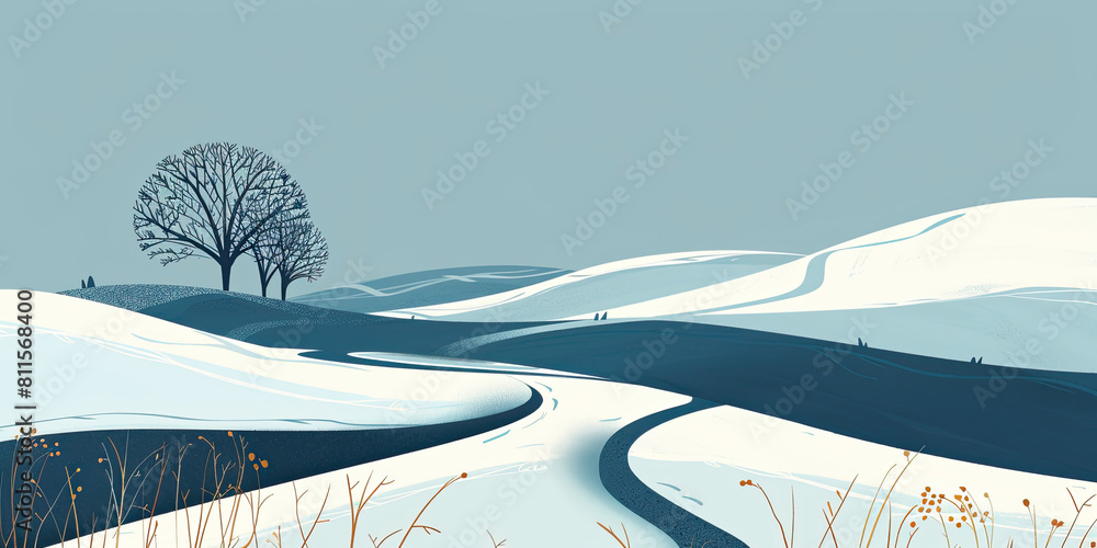 Winter cartoon landscape, snowing scene illustration winding path ...