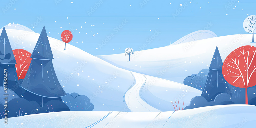 Winter cartoon landscape, snowing scene illustration winding path ...