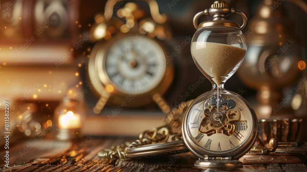 A classic illustration featuring a vintage pocket watch and hourglass ...