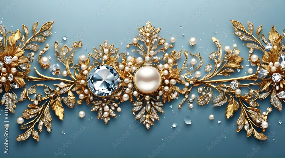Realistic jewelry border. Beautiful crystals, pearls and gold filigree ...