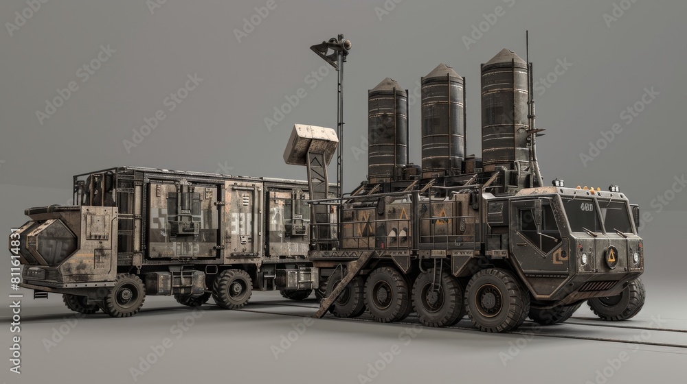 3D render of a fortified military outpost equipped with radarguided ...