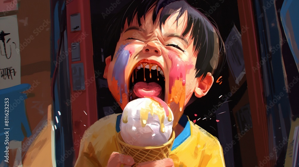 A child with a mischievous grin devouring an ice cream cone with gusto ...