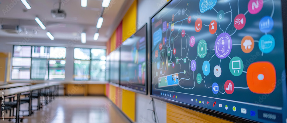 Contemporary classroom equipped with an interactive digital board and ...