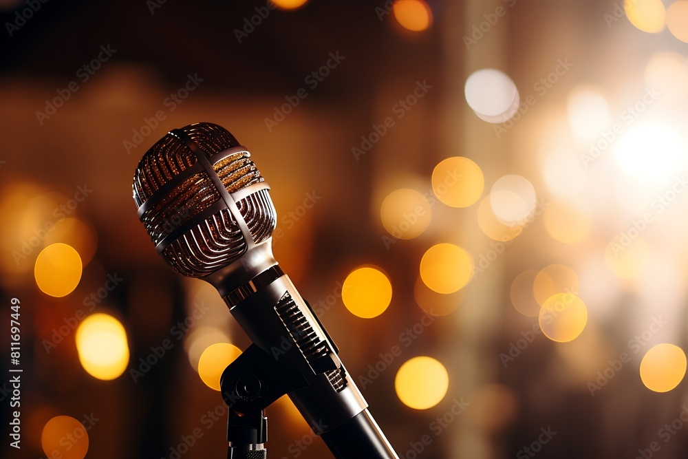 Retro microphone on stage background with bokeh. Music concept Stock ...