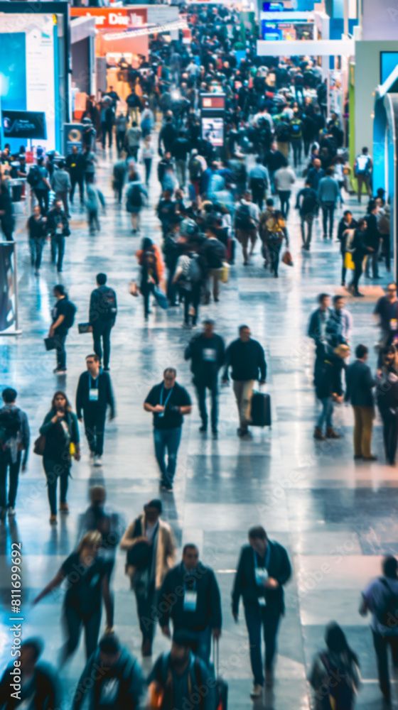 Dynamic bustling crowd of people walking around a convention hall at a ...