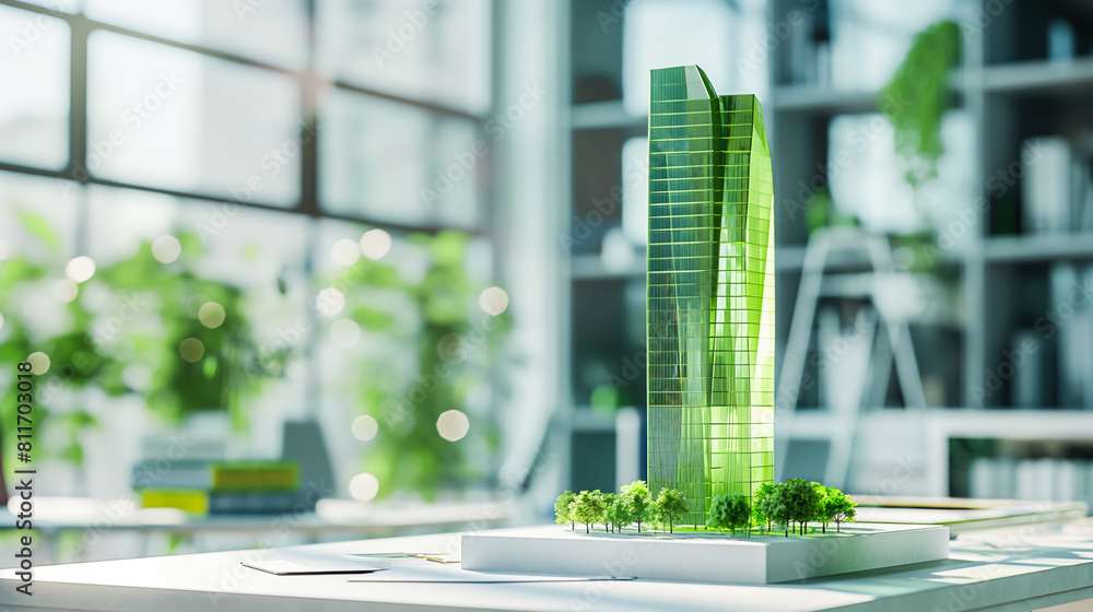 An architect’s workspace, with a white, minimalist desk containing only ...