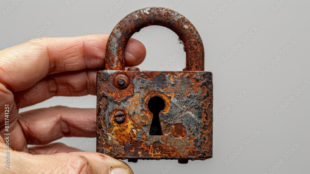 Hand holding a rusty padlock on white background with copy space，Rustic ...