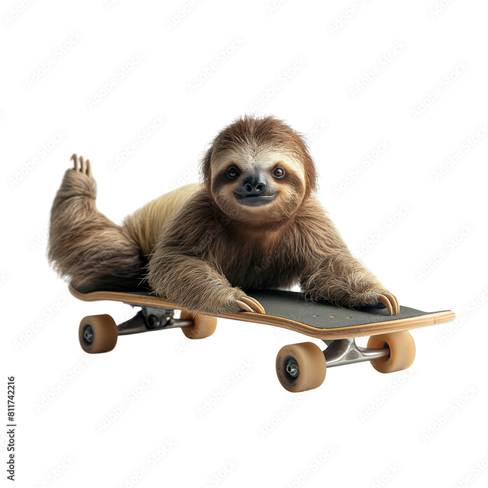 Cheerful sloth showing off skateboarding skills, an amusing contrast of ...