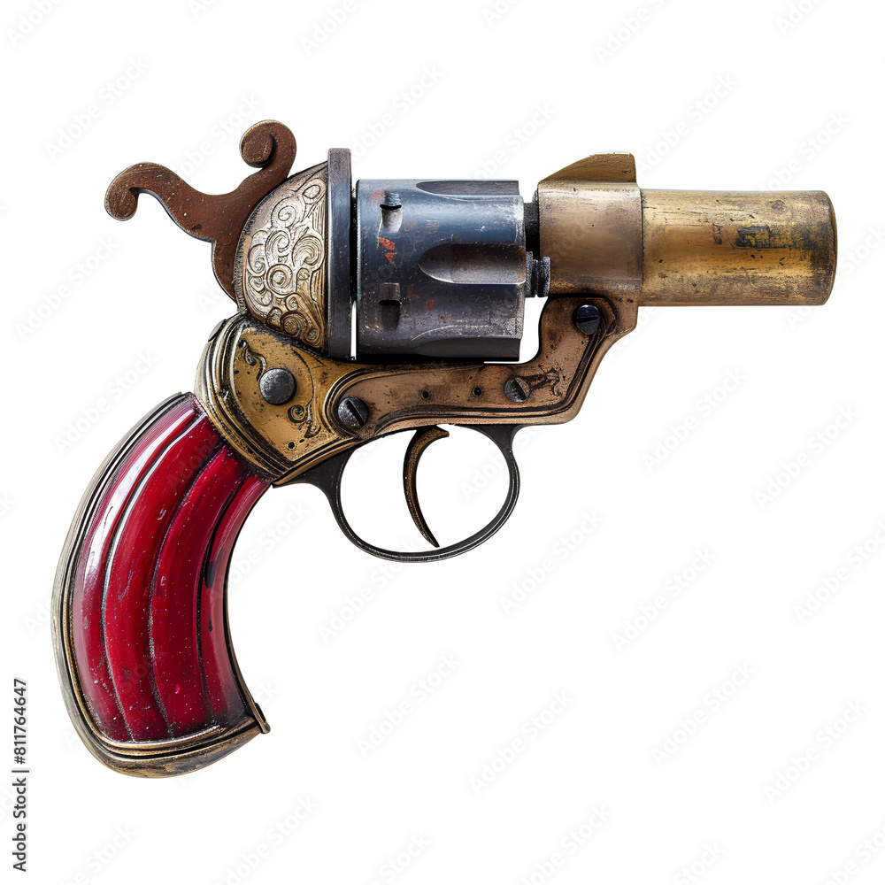 Antique Flintlock Pistol with Red Ornate Handle and Brass Barrel ...