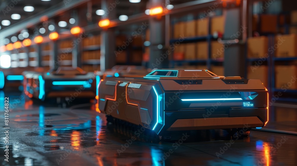 Ilustración de Stock Future Technology 3D Concept Automated Retail Warehouse AGV Robots with ...
