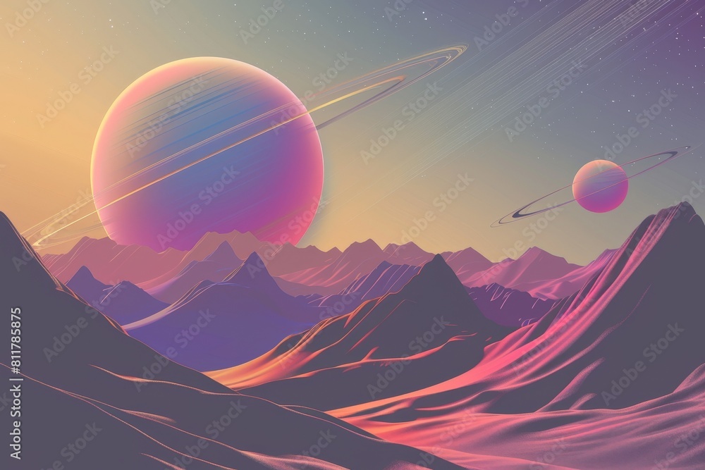 Mars-like desert landscape under a large ringed planet. Vivid space ...